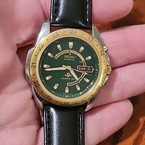 Seiko Kinetic Sport 5M43-0A29 Gold 2 Tone 41mm Green Dial Day/Date New ...