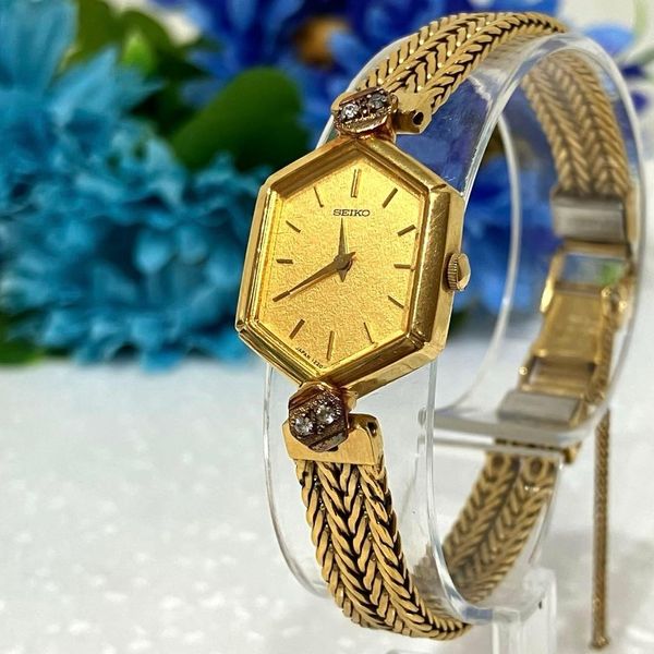 SEIKO Gold Octagonal Case Watch with 4 Diamonds New Battery ...