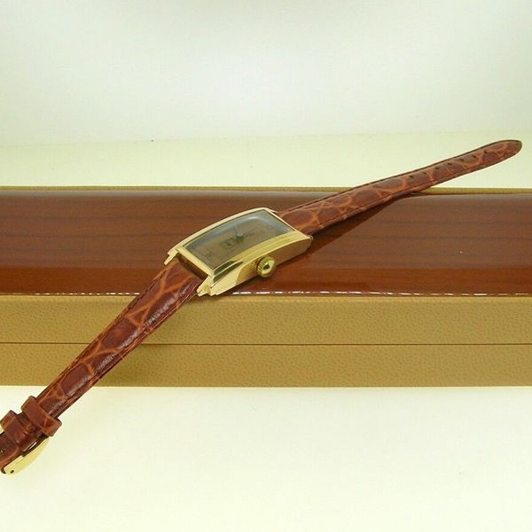 LIP TANK CURVED SOLID 14K GOLD MENS DRESS WRISTWATCH CASED BY LONGINES ...