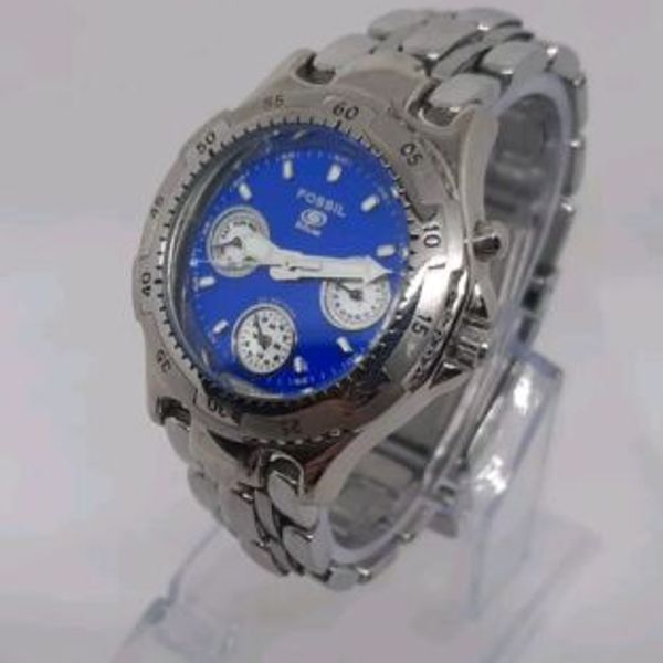 RARE & RUNNING! Fossil Blue Men BQ-9029 Blue TEAL ILLUMINATION Triple ...