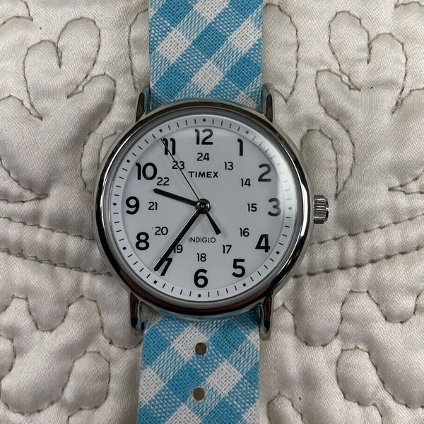 Timex Women's Weekender Watch, Teal Gingham Nylon Slip-Thru Strap ...