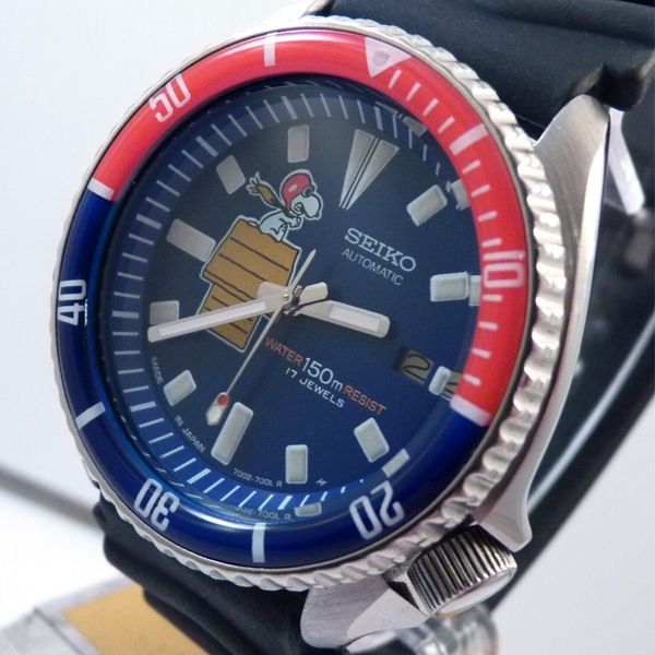 Seiko Ceramic Blue Pepsi Snoopy Red Baron Automatic Diver Date Watch ...