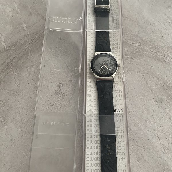 Swatch Irony Watch WORKING Black Leather Strap Pretty Detail on Dial ...