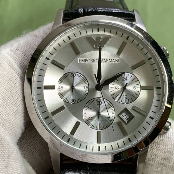 Emporio Armani AR2432 Silver Dial Black Leather Chronograph Day Men ...