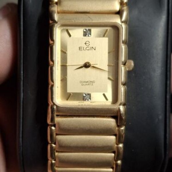 Elgin Diamond Quartz Gold Tone Tank Style Mens Quartz Dress Watch ...