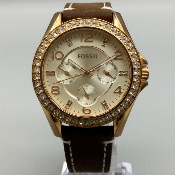 Fossil Riley Watch Women ES3466 Crystal Rose Gold Tone Leather Band New ...