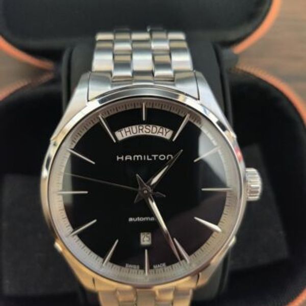 Hamilton Jazzmaster Men's Black Watch with Silver Stainless Steel Band ...