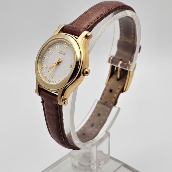 Citizen Womens Classic Eco Drive Date watch Goldtone White Dial Brown ...