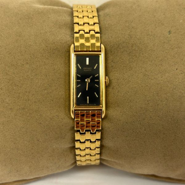 Vintage SEIKO 2E20 6429 Black Face Gold Tone Slim Expandable Ladies ...