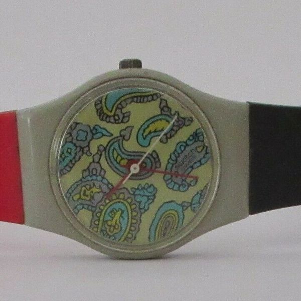 vintage 1985 Swatch Swiss watch Paisley pattern face red black yellow ...