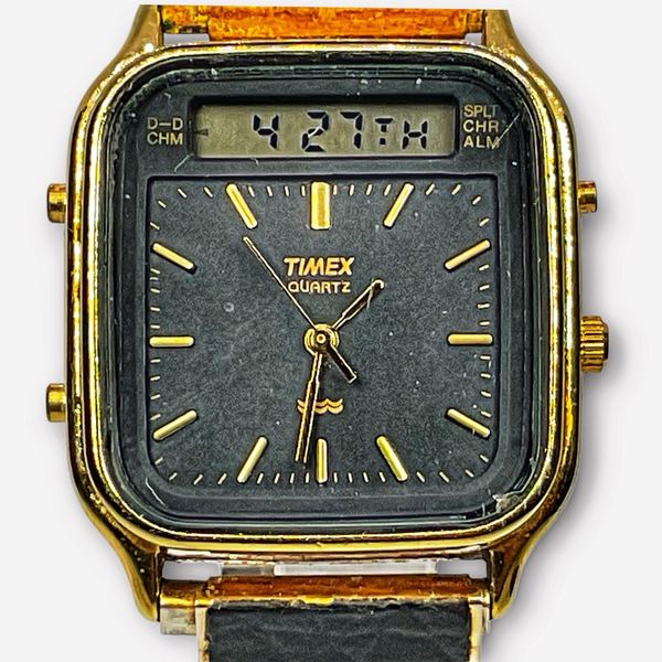 Vintage Timex Analog Digital Quartz Watch Men Gold Tone Alarm Chrono ...