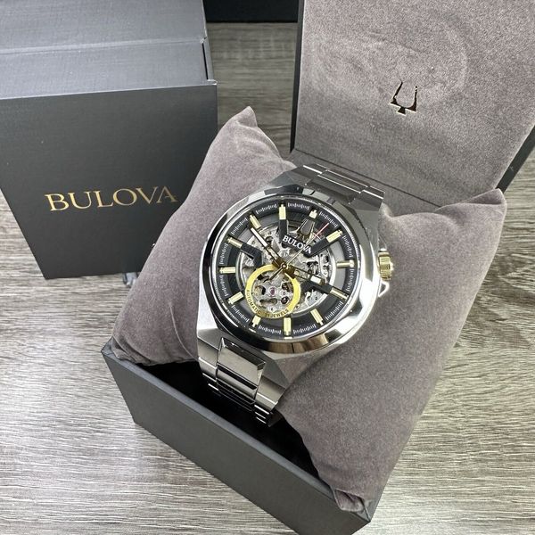 NEWâ AUTOMATICâ Bulova Maquina Skeleton Clear Dial Steel Men's Watch ...