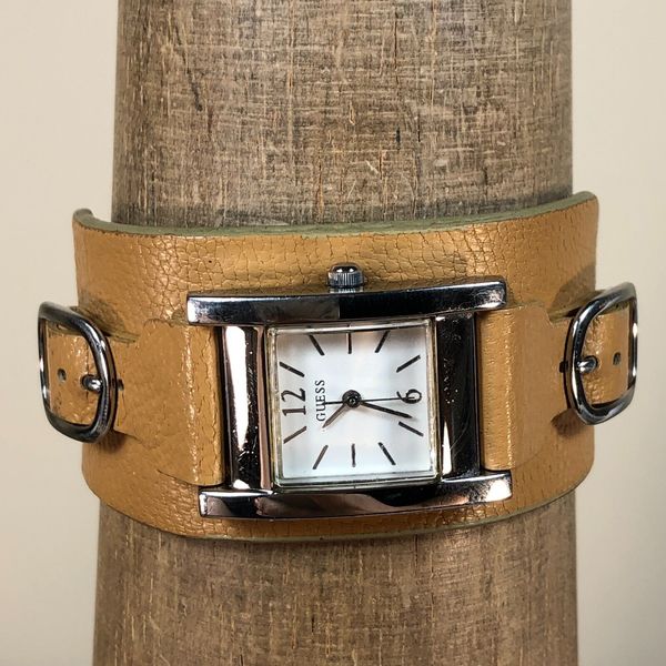 Guess Womens G55341L Quartz Cuff Brown Leather Band Watch | WatchCharts ...