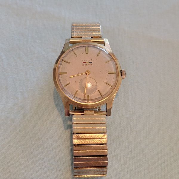 RARE VINTAGE BENRUS 10K R.G.P BACK ROMANIA FLAG MECHANICAL HANDWIND MEN ...