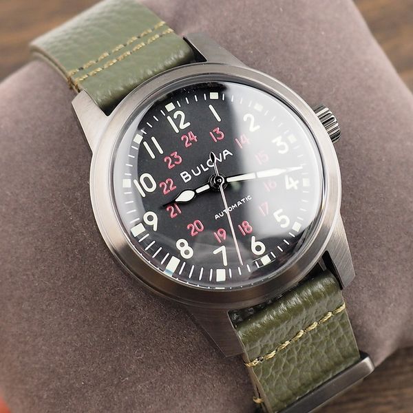 Bulova Military Hack 98A255 Black Dial Green Leather Strap Men's ...