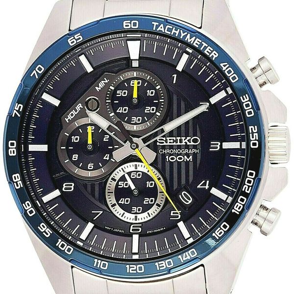 Seiko Men's Blue Dial Silver Tone Stainless Steel Chronograph Watch ...