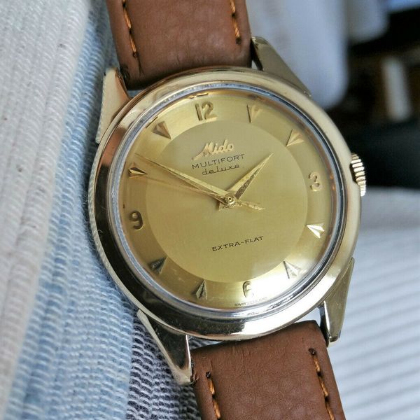 Vintage large Mido Multifort Deluxe Extra-Flat mechanical watch, gold ...