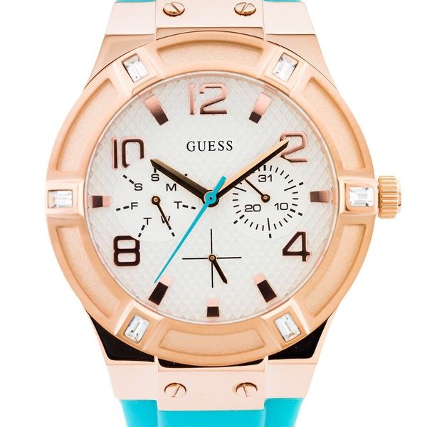 Guess Turquoise Blue Rubber Band White Dial Rose Gold Tone Women's ...