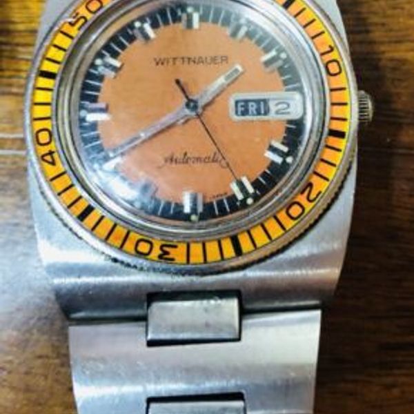 VINTAGE WITTNAUER AUTO DAY DATE DIVER WATCH (ORANGE DIAL/BEZEL (estate ...