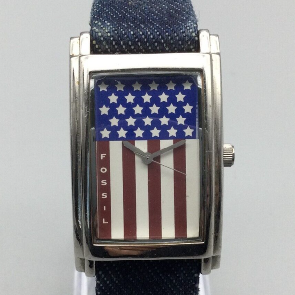 Fossil American Flag Tank Watch Unisex Silver Tone Red Blue Leather New ...