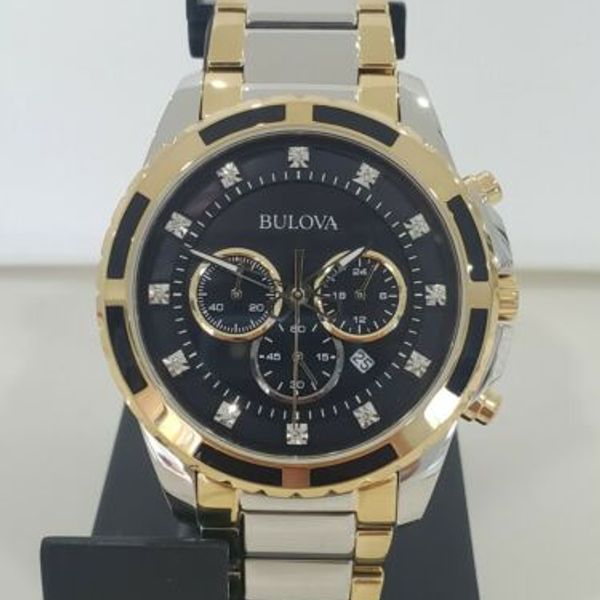 Unworn Bulova 44mm Two-Tone ' men's watch 98D132 chronograph black face ...