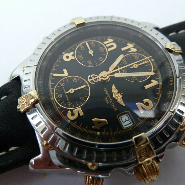 BREITLING TWO TONE 18K/SS CHRONOMAT B13050 STUNNING BLACK DIAL MINT ...