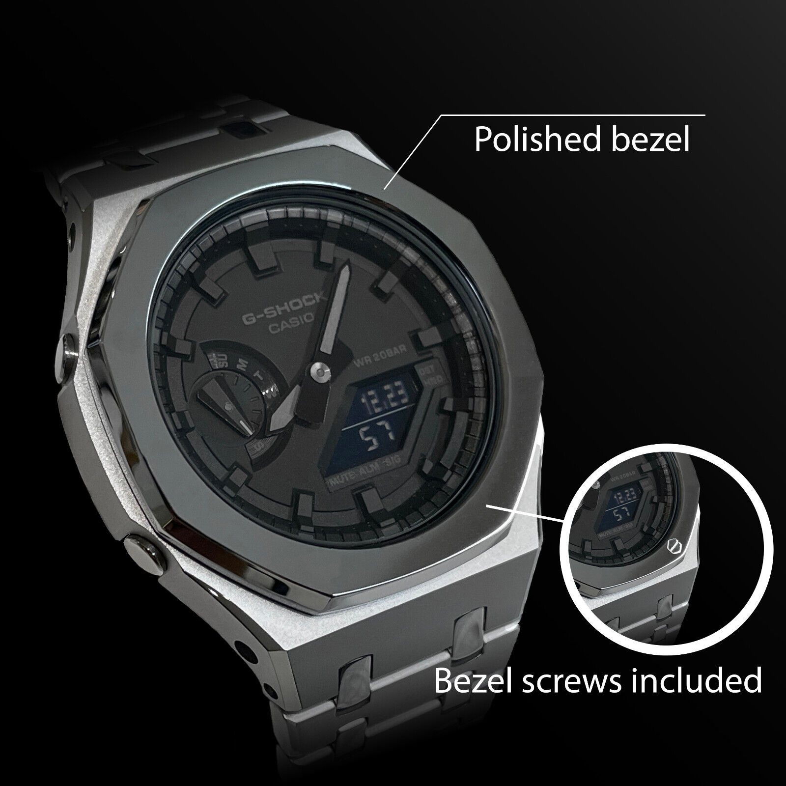 Custom Matte Black Casioak Casio G-Shock w/ Polished Stainless Steel ...