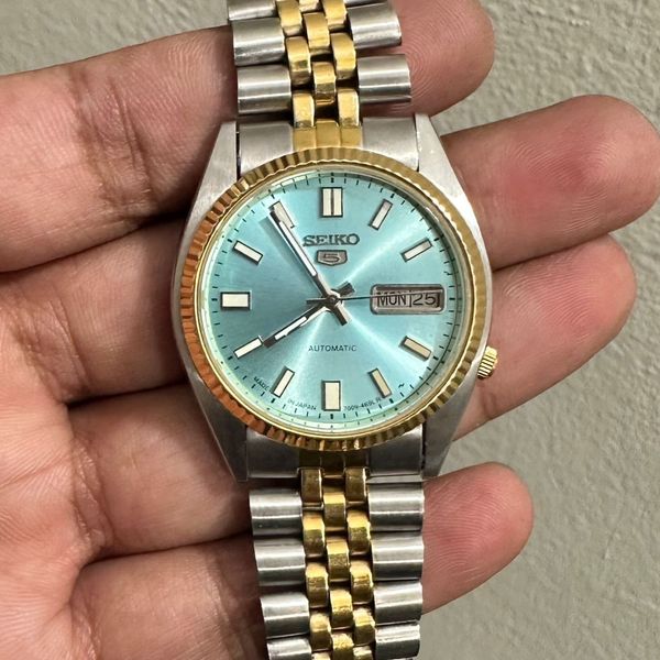 Seiko 5 Automatic Flutted Bazel Two tone Watch Ice Blue Dial For Men's ...
