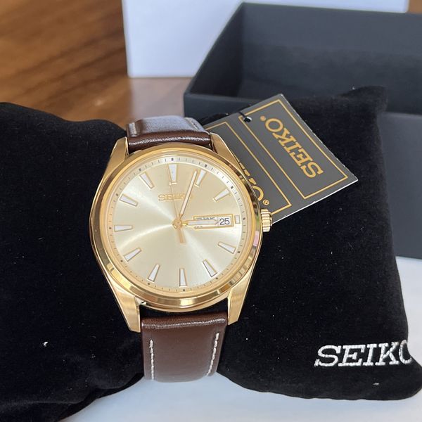 SEIKO Quartz ESSENTIALS Gold-Tone Brown Leather Men's Watch - SUR450 ...