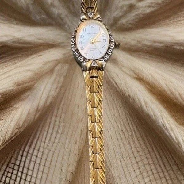 Vintage Waltham Lady Wrist Watch Bracelet 14k Gold Plate Diamond Bezel ...