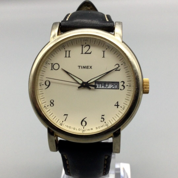 Timex Watch Men Gold Tone Day Date Round Dial Black Leather Band New ...