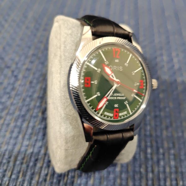 ORIS Hand-Wound Watch Green Dial Red Hands Leather Strap Swiss Made ...