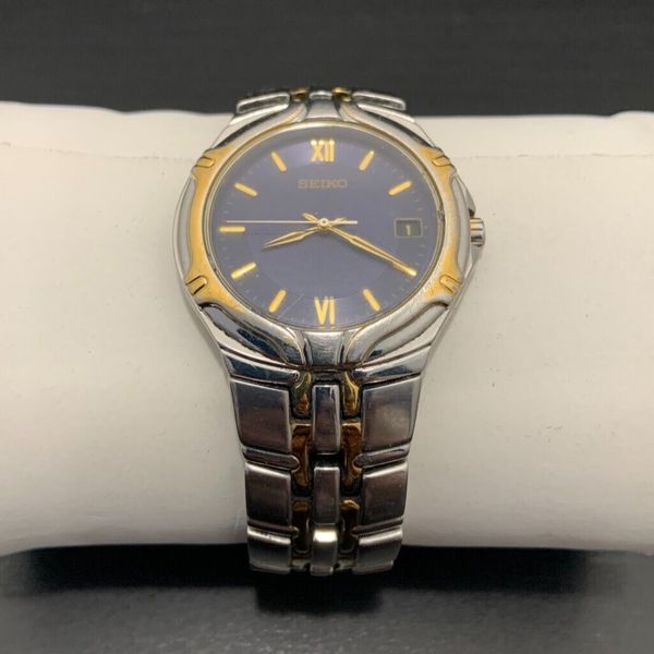 Seiko Men's Stainless Steel Gold Tone Trim Watch Blue Dial, Needs New ...