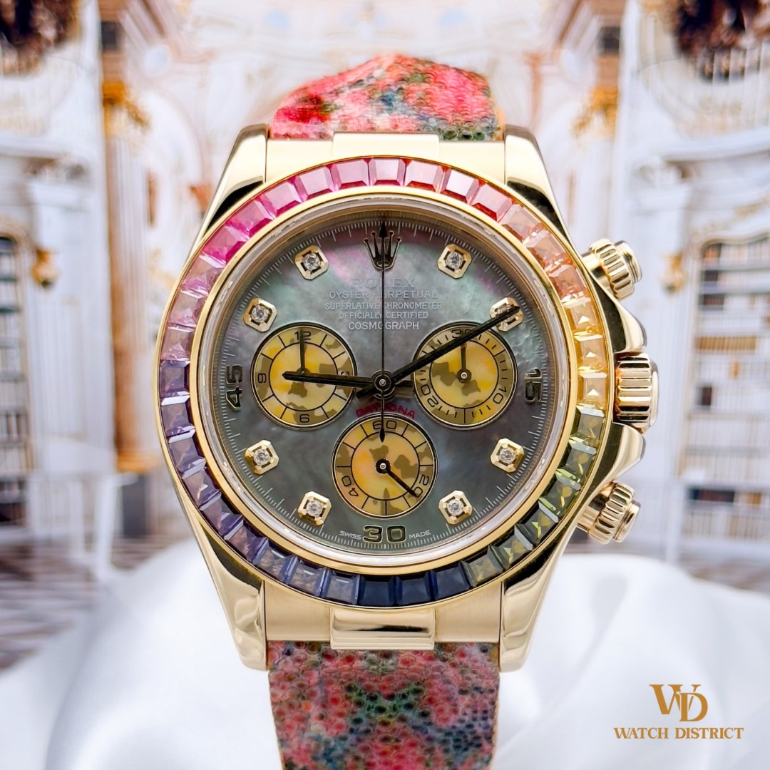 BOLD Rolex 18K Gold Daytona 116518 Rainbow Bezel & Tahitian MOP Diamond ...