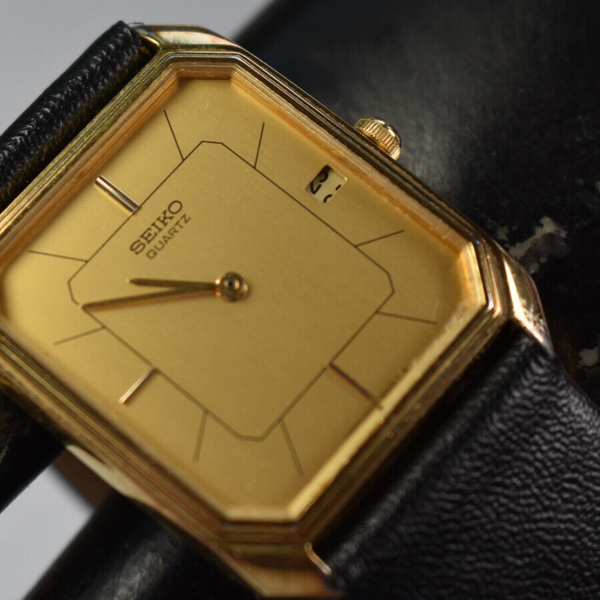 Seiko Men Gold Tone Analog Dress Slim 6539-5000 w/ Date Black Watch NEW ...