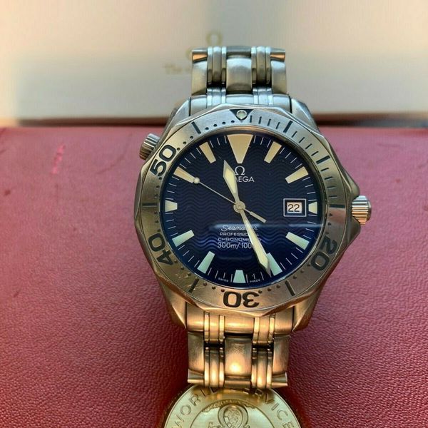 Mens Omega Seamaster Titanium Divers 300 Meters Blue Face Watch Model ...