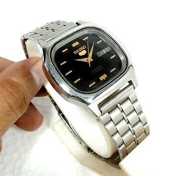 Seiko Automatic Japan Movt Day Date Square Black Dial All Steel Men ...