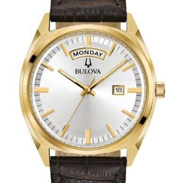 Bulova Men's Quartz Day Date Calendar Gold Tone Leather Watch 39MM ...