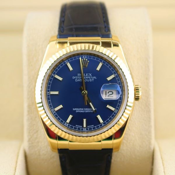 2004 Rolex Mens Datejust 116138 Blue Dial Factory Blue Strap 18kt ...