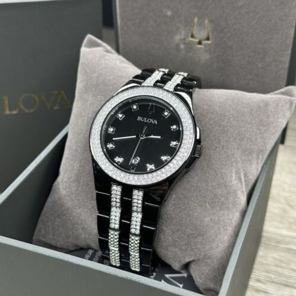 NEWâ CRYSTALSâ Bulova Black Stainless Steel Date Luxury Men's Watch ...