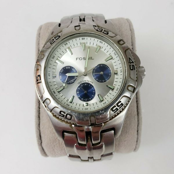Men Fossil Blue Watch Bq9165 Silver Case Stainless Steel Band 100m ...