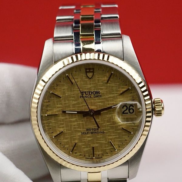 TUDOR Prince Date 18k Gold Bezel #74033 Champagne Linen Dial W/ Papers ...