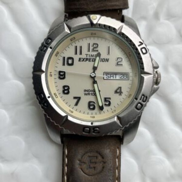 Vintage Timex Expedition Mens Indiglo WR100M Watch SS CASE Brown ...