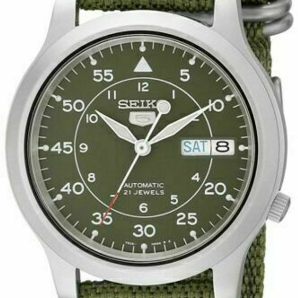 Seiko SNK805 5 Sports Automatic Stainless Steel Watch with Green Canvas ...
