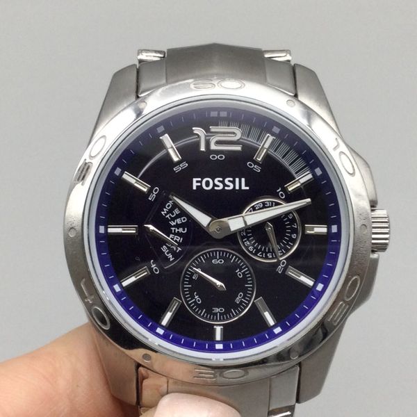 Fossil Watch Men Silver Tone Round Blue Dial Day Date BQ9346 New ...