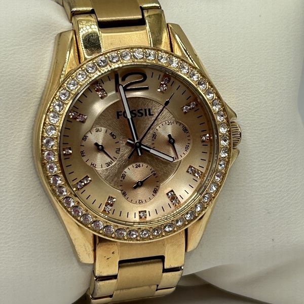 Fossil Riley Watch Women 37mm Rose Gold Tone Pave Day Date ES2811 New ...