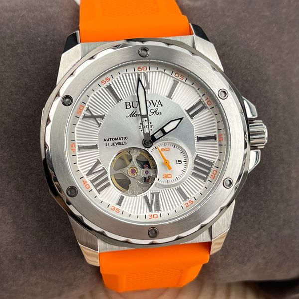 Bulova Marine Star Automatic White Dial Orange Rubber Strap Men's Watch ...