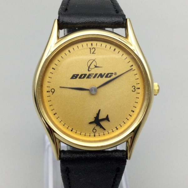 BD&A Boeing Watch Men 33mm Gold Tone Round Dial Leather Band New ...