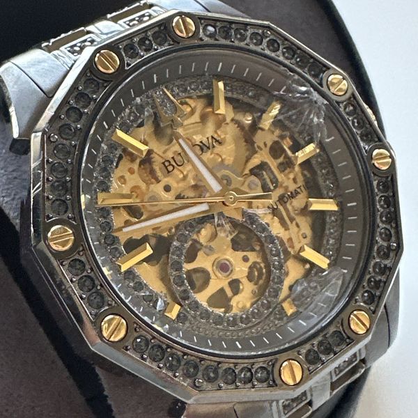 Bulova Octava Gold Skeleton Dial Watch 98A293 *Cracked Crystal, DOES ...