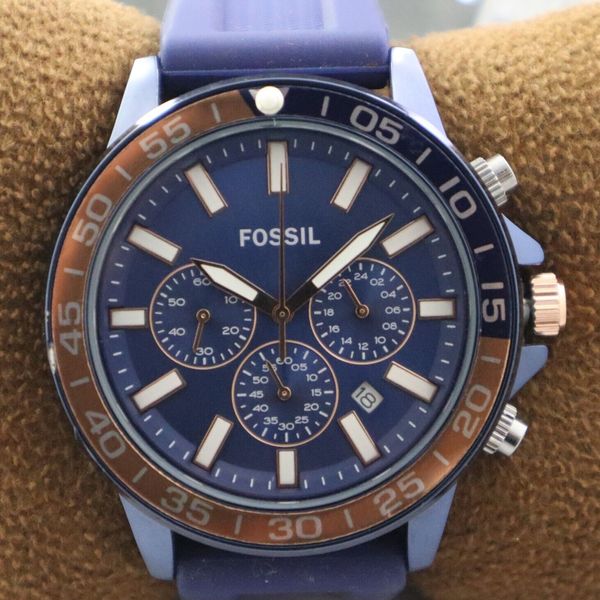 Casual Fossil Chronograph Men Blue Dial Date Quartz Wristwatch Rubber ...